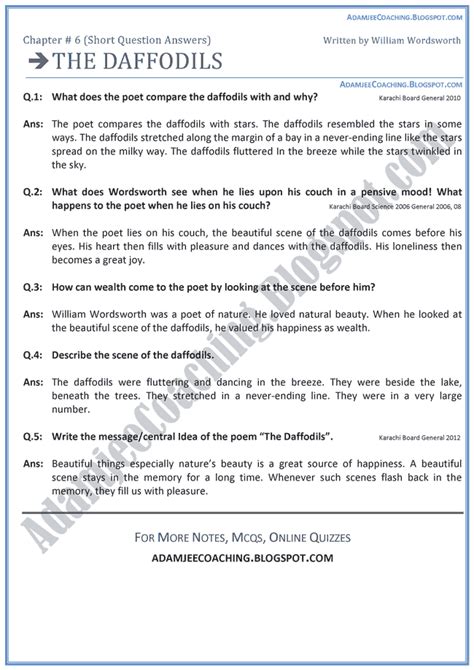 Adamjee Coaching The Daffodils Question Answers English Ix
