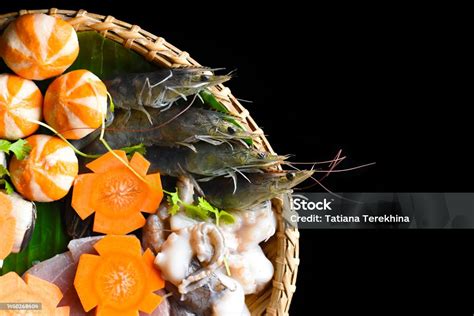 Raw Sea Food Ingredients For Korean Hot Pot On Black Background Stock