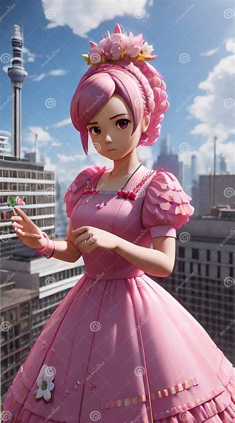 Doll Figurine With Pink Flowers And Dress Illustration Artificial