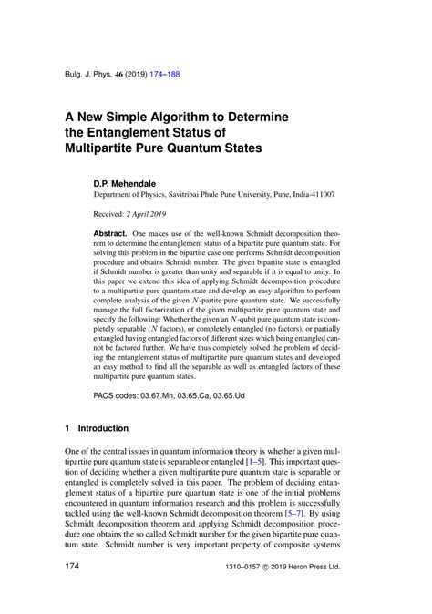Pdf A New Simple Algorithm To Determine The Entanglement Status Of Multipartite Pure Quantum