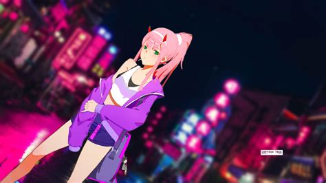 Darling In The Franxx Zero Two With Background Of Purple Lights During