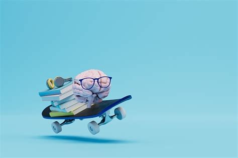 학습 개념 파란색 배경의 스케이트 보드에 안경 헤드폰 및 책의 두뇌 3d 렌더링 공부에 대한 스톡 사진 및 기타 이미지 공부
