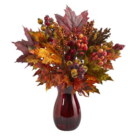 18in Maple Leaf And Berries Arrangement In Ruby Vase Michaels