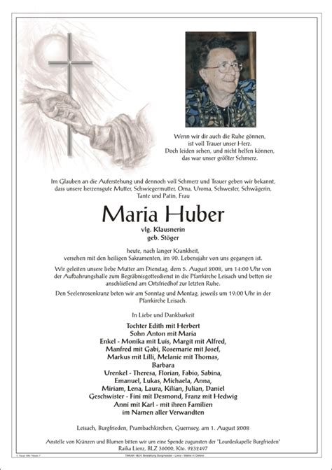 Todesanzeige Maria Huber Trauer Link