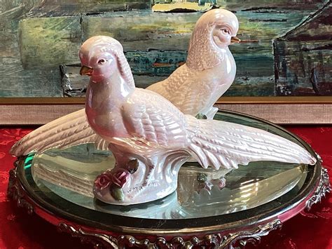 Pair Of Opalescent Ceramic Peacock Statues Figurines Beautiful Pieces