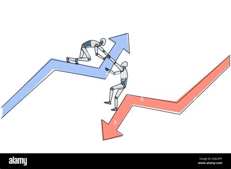 Single Continuous Line Drawing Smart Robot Helps Colleague Climb Arrow