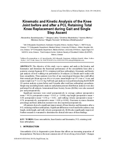 Pdf Kinematic And Kinetic Analysis Of The Knee Joint Before And After