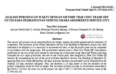 ANALISIS PERCEPATAN WAKTU DENGAN METODE TIME COST TRADE OFF TCTO PADA
