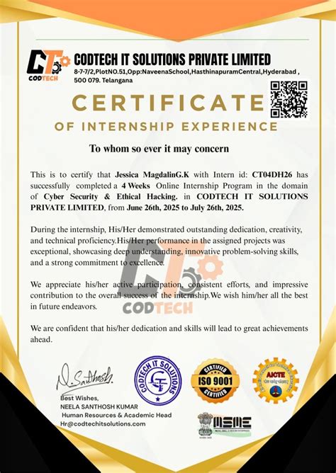 Cybersecurity Ethicalhacking Internshipcertificate Cyberinternship Jessica Magdalin