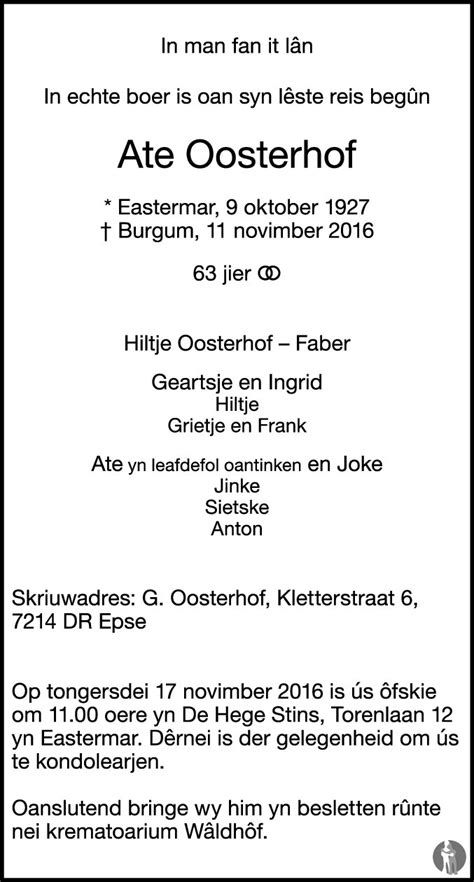 Ate Oosterhof 11 11 2016 Overlijdensbericht En Condoleances Mensenlinqnl