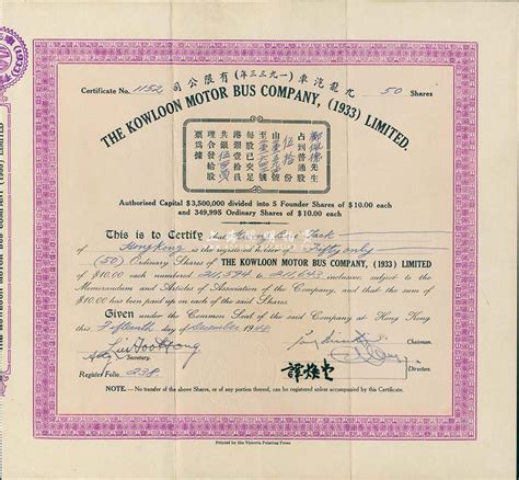 1948年九龙汽车（一九三三年）有限公司股票，伍拾股共银伍百员，罕见，八成新 嘉道有光·刘传道、徐海光先生收藏中国老股票与债券 拍卖结果 上海