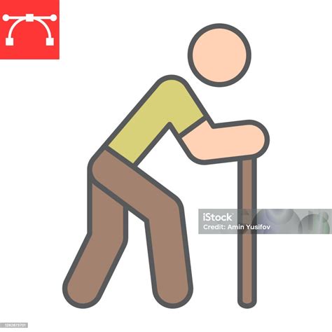 지팡이 색상 라인 아이콘 장애 및 연금 워킹 스틱 기호 벡터 그래픽 편집 스트로크 채워진 윤곽선 아이콘 Eps 10을 가진 노인 건강관리와 의술에 대한 스톡 벡터 아트 및