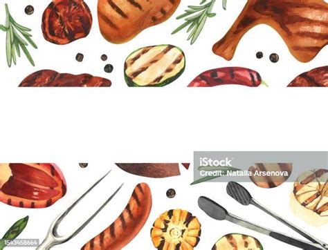 수채화 프레임 바베큐 바베큐 요리 요소 그릴 닭고기 및 고기 손으로 그린 그림은 흰색 배경에 분리되어 있습니다 완벽한 컨셉의 음식 메뉴 음식 그리기 디자인 포장 바베큐