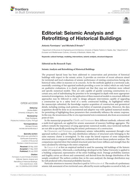 Pdf Editorial Seismic Analysis And Retrofitting Of Historical Buildings