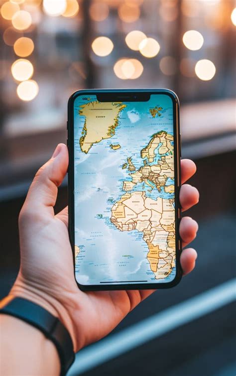 Hand Holding Mobile Phone With Map App Navigation And Tourism Concept