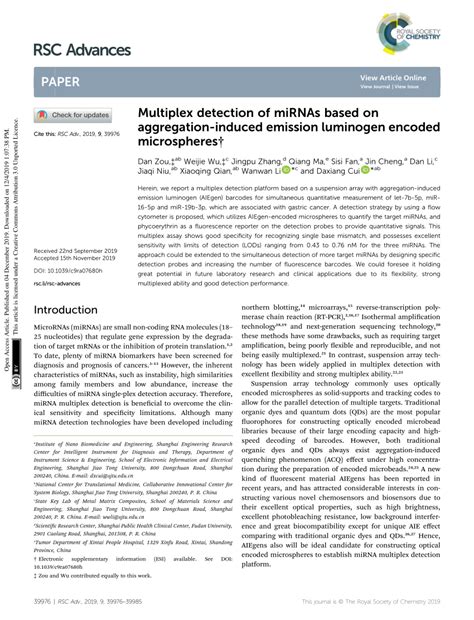Pdf Multiplex Detection Of Mirnas Based On Aggregation Induced