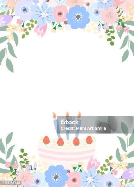 아름 다운 푸른 꽃 프레임 벡터 일러스트 레이 션과 생일 케이크 공백이 있는 카드 및 포스터 디자인 개화기에 대한 스톡 벡터