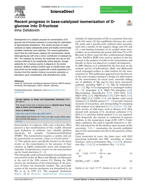 Pdf Recent Progress In Base Catalyzed Isomerization Of D Glucose Into