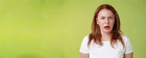 Confused Shocked Gasping Middle Aged Redhead Woman Cringe Frustrated Puzzled Open Mouth