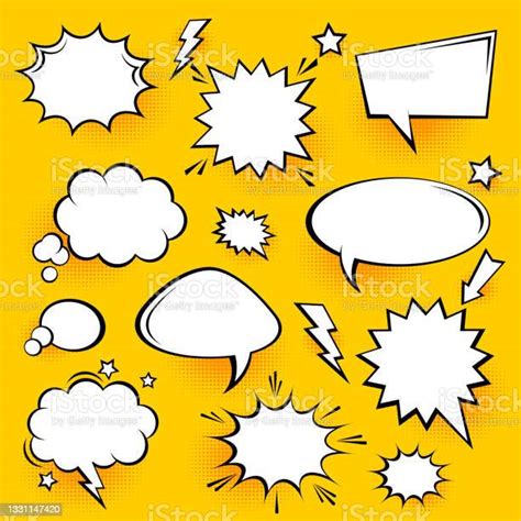 노란색 배경에 하프톤 그림자가 있는 빈 만화 연설 거품 손으로 그린 복고풍 만화 스티커 팝 아트 스타일 벡터 일러스트레이션 전쟁 포로에 대한 스톡 벡터 아트 및 기타 이미지