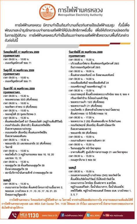 กฟนเผยรายชื่อพื้นที่งดจ่ายไฟ17 20พยเพื่อบำรุงรักษาระบบ
