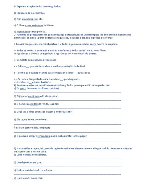 Atividade De Regência Verbal Pdf