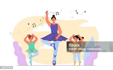 발레 학교의 레슨 여자는 여자에게 춤을 가르친다 취미와 여가 아동 기술의 훈련 및 개발 투투 댄서 평면 벡터 일러스트 레이 션
