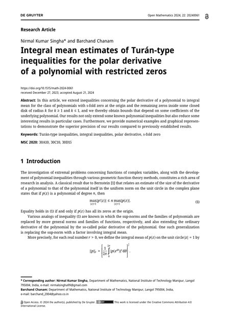 Pdf Integral Mean Estimates Of Turán Type Inequalities For The Polar