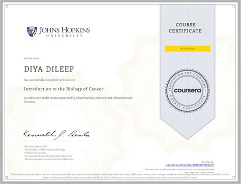 Completed Online Course On Cancer Biology By John Hopkins Diya Dileep