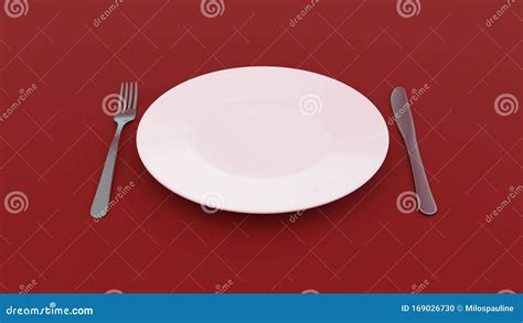 Leere Platte Mit Gabel Und Messer Auf Rotem Tisch 3d Rendering Stock
