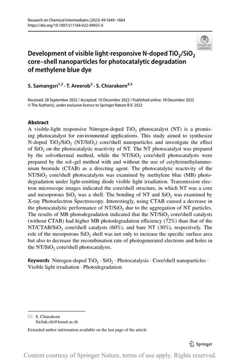 Development Of Visible Light Responsive N Doped Tio2sio2 Coreshell