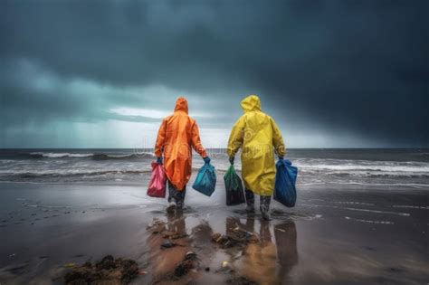 Two Volunteer Beach Cleaning From Plastic Garbage Generate Ai Stock