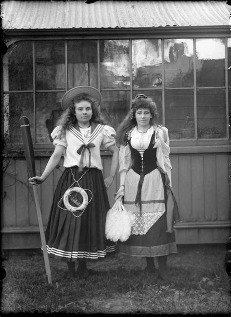 Outdoors Portrait Of Two Unidentified Young Women In Fancy Dress