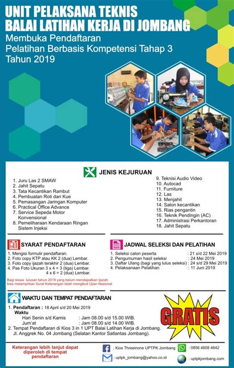 Pendaftaran Pelatihan Berbasis Kompetensi Tahap 3 Tahun 2019 UPT BLK