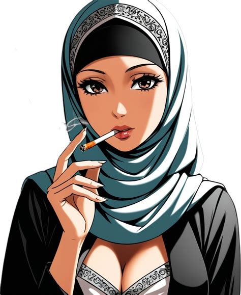1girl breasts cigarette cleavage hijab lips looking at viewer