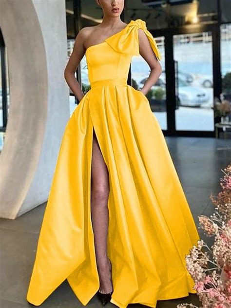 A Line Princess Satin One Shoulder Ruffles Sleeveless Sweep Brush Train