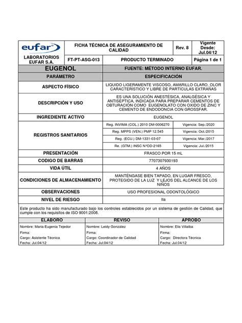Ficha Tecnica Eugenol Pdf Science Ciencia Y Tecnología