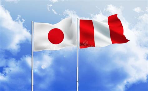 Peru And Japan Flags Together Waving Against Blue Sky Stock Image