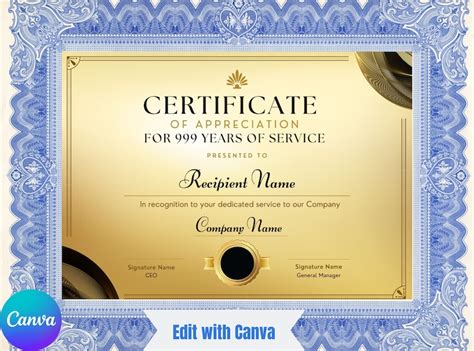 Editable Years Of Service Certificate Of Appreciation Template