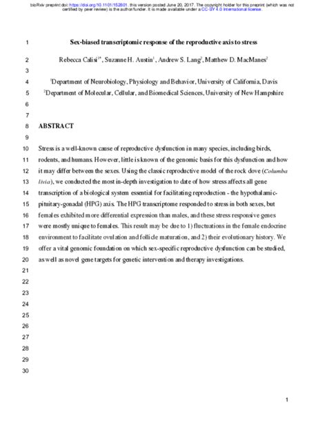 Pdf Sex Biased Transcriptomic Response Of The Reproductive Axis To Stress