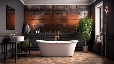 흰색 욕조와 갈색 검정 타일 벽을 갖춘 현대적인 욕실 디자인 3d 렌더링 세면기 세면대 고급 욕실 배경 일러스트 및 사진 무료 다운로드 Pngtree