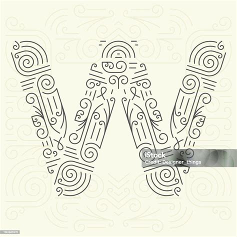 벡터 모노 라인 스타일 기하학적 글꼴 텍스트 슬로건 템플릿 또는 광고 레이블과 배지의 황금 모노 그램 디자인 요소 문자 W