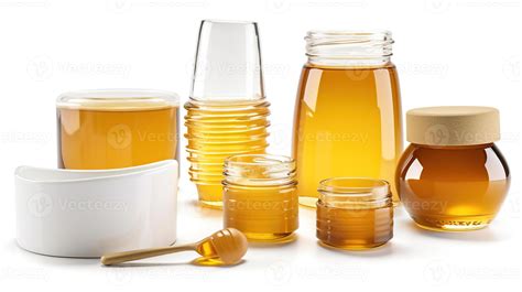 Honey Jars And Wooden Dippers Set Isolated On White Background Package