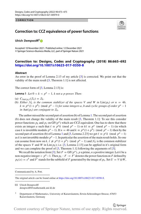 Correction To Ccz Equivalence Of Power Functions Request Pdf