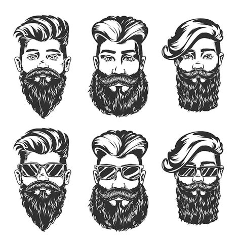 Hipster 헤어스타일과 수염 스타일 벡터 스케치 프리미엄 벡터