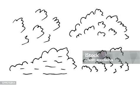 흰색 배경에 있는 검정 윤곽선의 손으로 그린 벡터 집합입니다 다른 모양의 적운 구름 자연의 요소 계절 날씨 하늘 공기 0명에 대한 스톡 벡터 아트 및 기타 이미지 Istock