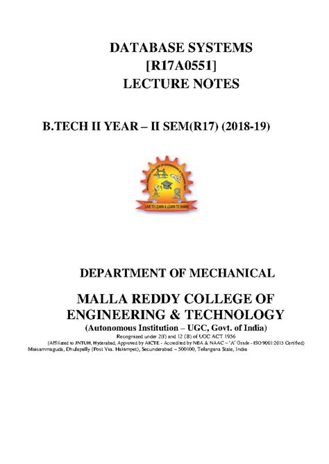 Dbs Notes Database Systems R17a0551 Lecture Notes B Ii Year Ii