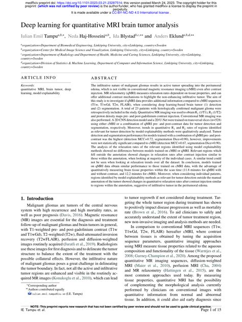 Pdf Deep Learning For Quantitative Mri Brain Tumor Analysis