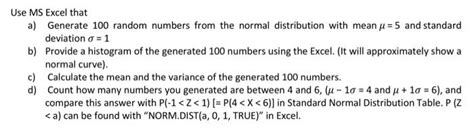 Solved Use MS Excel That A Generate Random Numbers From Chegg