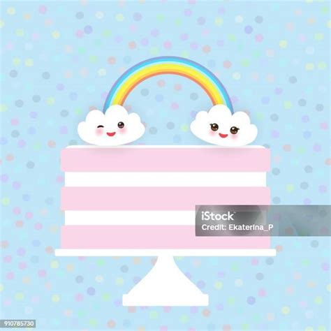 귀여운 행복 한 생일 달콤한 딸기 핑크 케이크 화이트 크림 구름 무지개 배너 디자인 카드 템플릿 하늘색 물방울 무늬 바탕에
